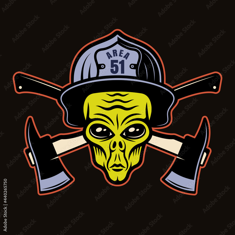 Alien head in firefighter helmet and two crossed axes colorful vector ...