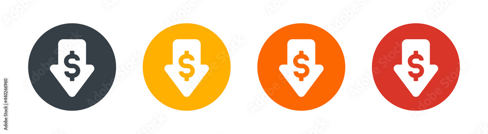 Arrow down with dollar symbol. Low profit, cheap, business failure or ...