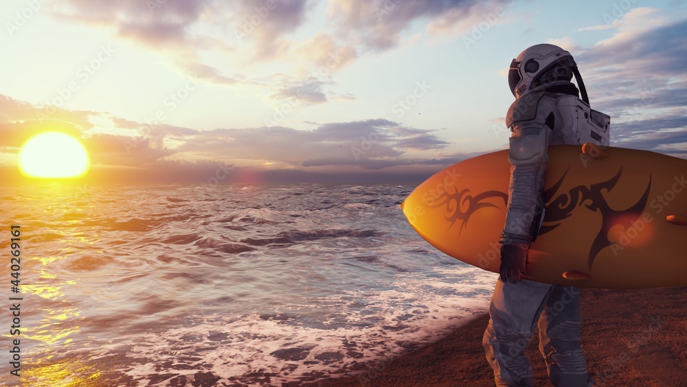 An astronaut is about to surf on a surfboard in the endless ocean on an ...