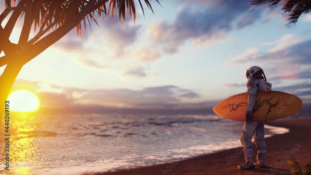 An astronaut is about to surf on a surfboard in the endless ocean on an ...