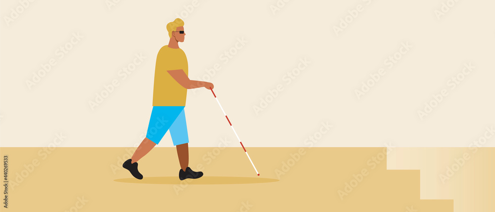 Mobility of a blind disabled person, steps on the stairs, Flat vector ...