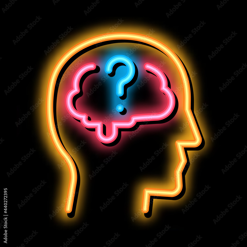brain question mark neon light sign vector. Glowing bright icon brain ...