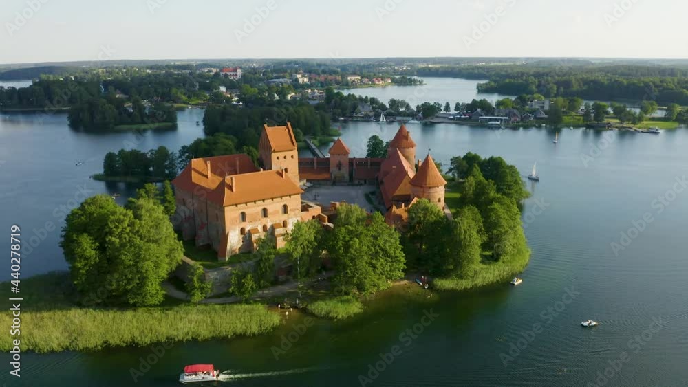 TRAKAI ISLAND CASTLE, TRAKAI, LITHUANIA. Aerial footage of Trakai ...