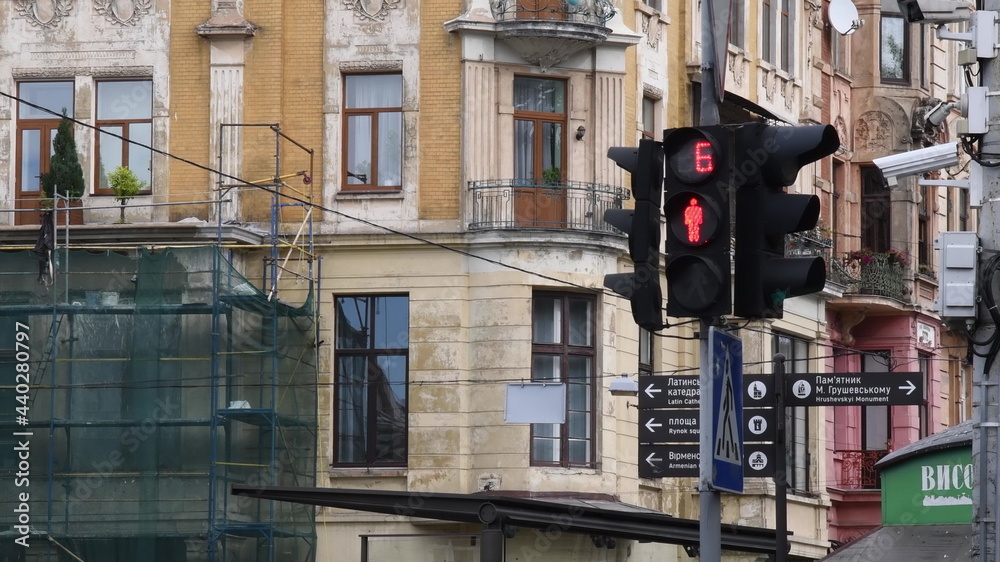Red light of pedestrian traffic light with urban background of tourist ...