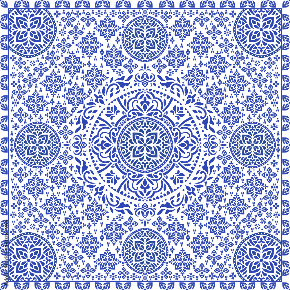 Blue and white luxury seamless pattern on a white background. Vector ...