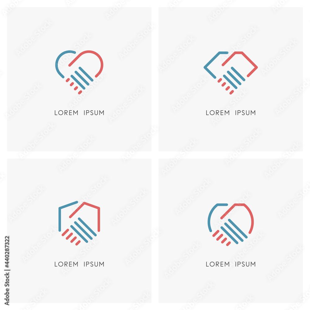 Handshake outline logo set. Shake hands, heart, shield, square and ...
