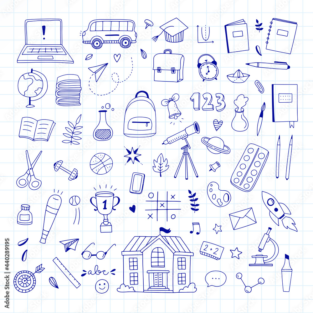 Doodle school illustration set. School clipart vector collection. Hand ...