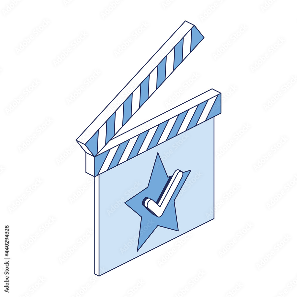 Movie clapper, star check mark. Vector 3d line isometric, color web ...
