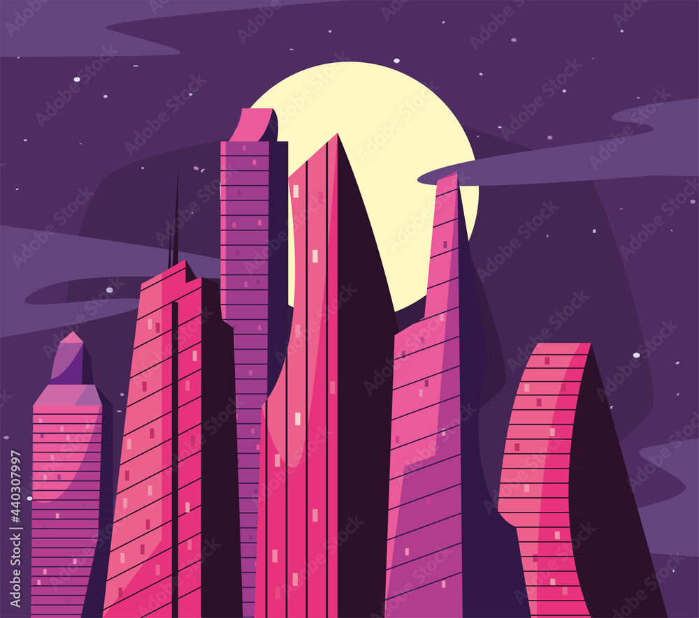 pink buildings at night Stock Vector | Adobe Stock