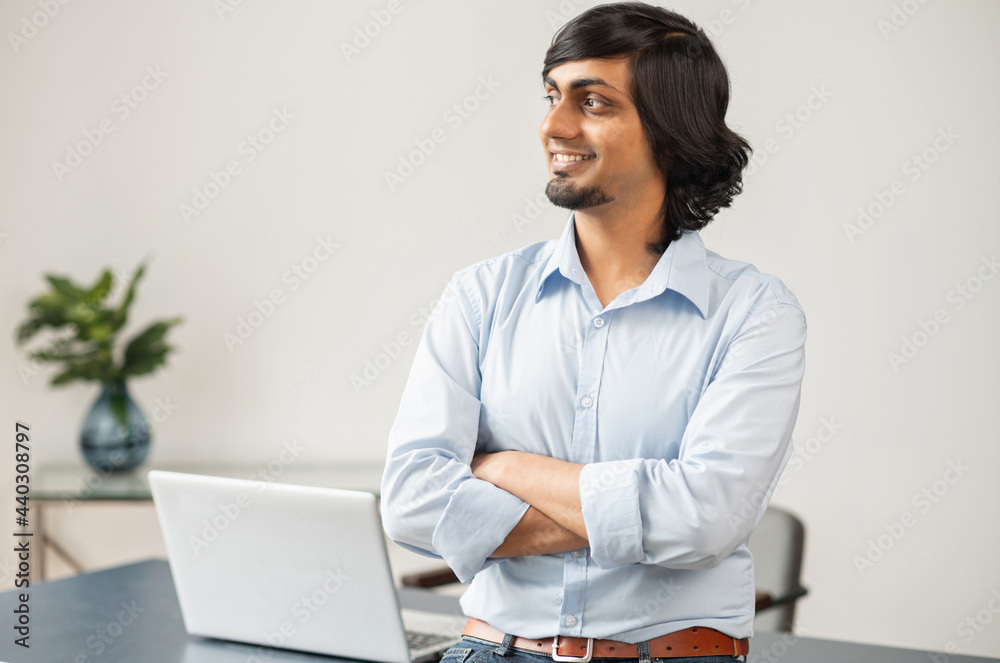 High skilled indian man, ceo, male employee in formal wear stands with ...