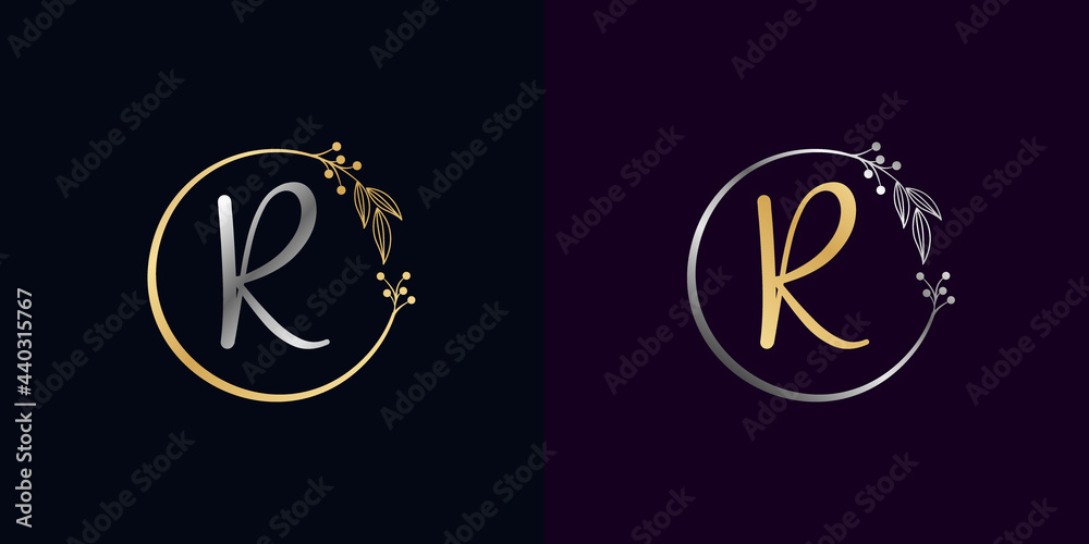 set of luxury golden and silver signature letter R isolated circle with ...