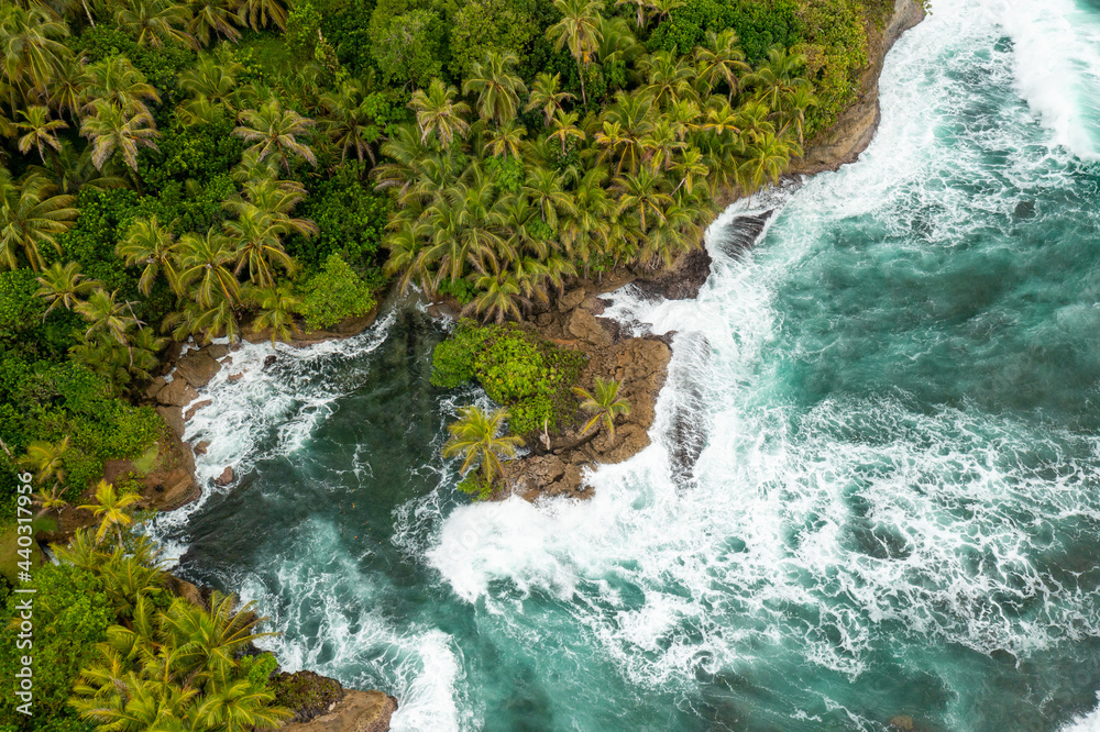 Tropical Island Aerial View. Wild coastline lush exotic green jungle ...