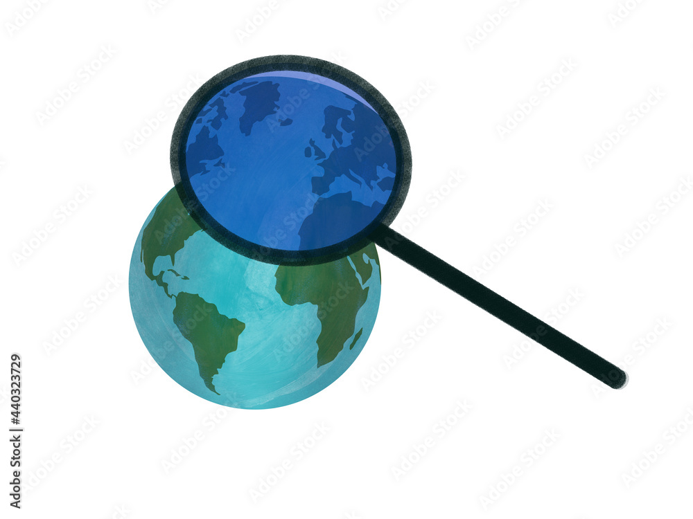 Ilustración del mundo con una lupa haciendo zoom en la zona de Europa ...