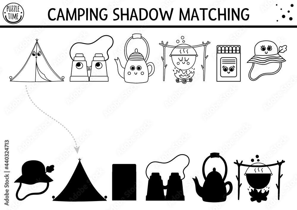 Black and white summer camp shadow matching activity with cute kawaii ...