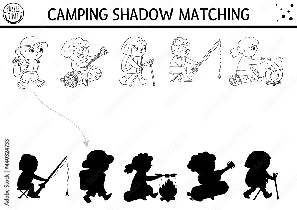 Black and white summer camp shadow matching activity with cute children ...