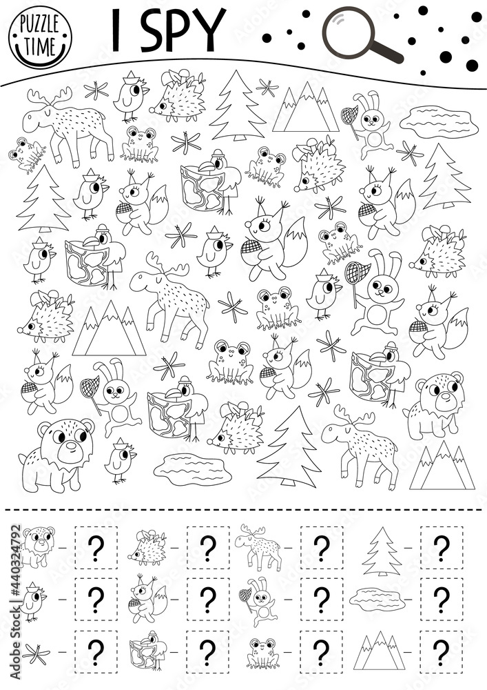 Forest I spy black and white game for kids. Searching and counting ...