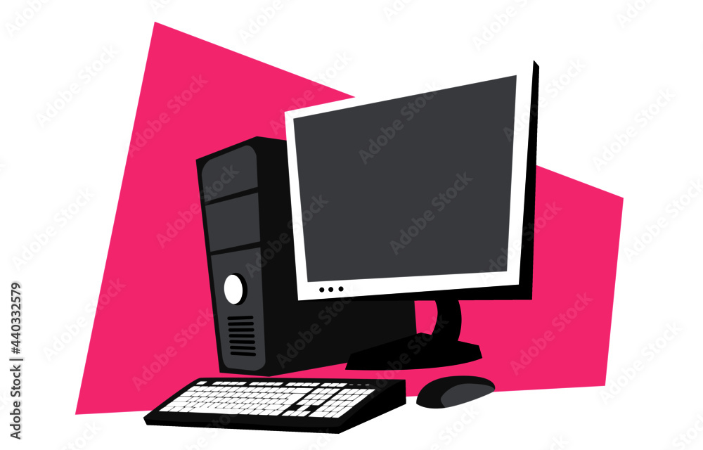 Stylized drawing of a work computer. System unit. Monitor. Keyboard. Mouse. Vector image for ...
