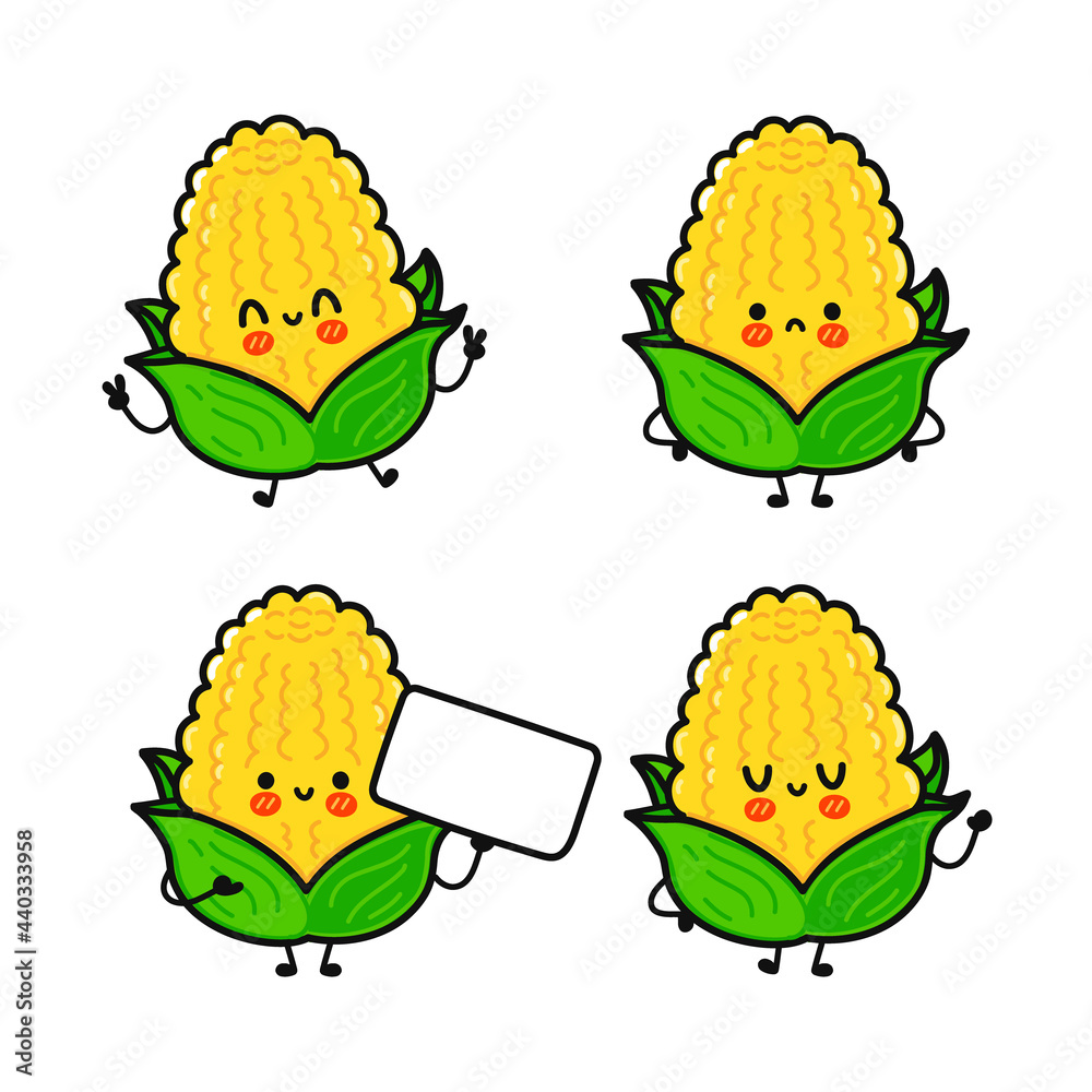 Funny cute happy corn characters bundle set. Vector kawaii line cartoon ...