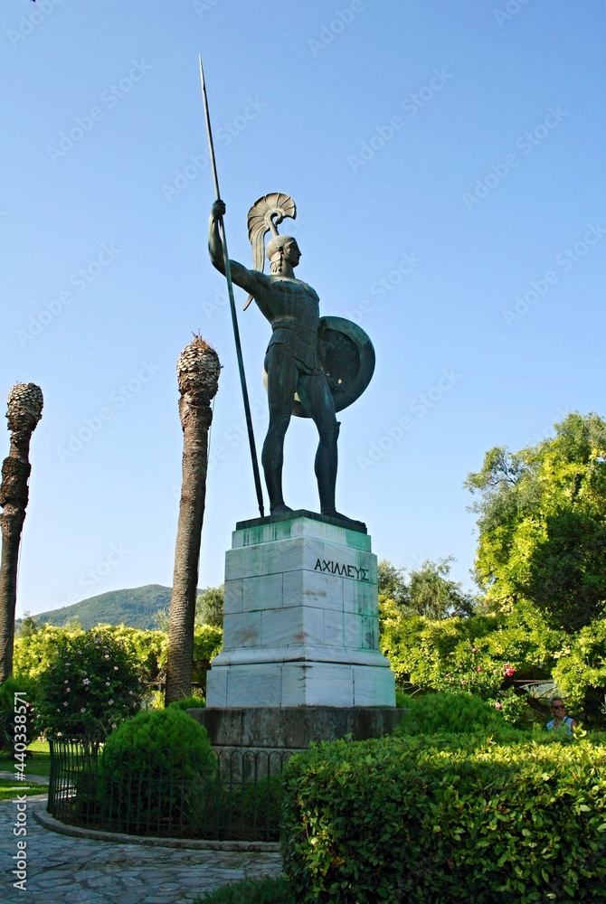 Monumental statue of Achilles in the gardens of Achillion Palace on the ...