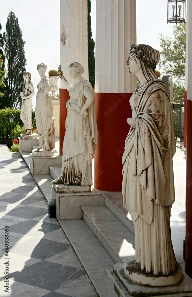 Statues of muses on the terrace of Achillion Palace in Corfu. The ...