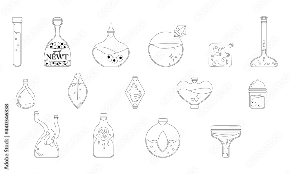 Icon set of potion bottles. Halloween potion bottles. Illustration of ...