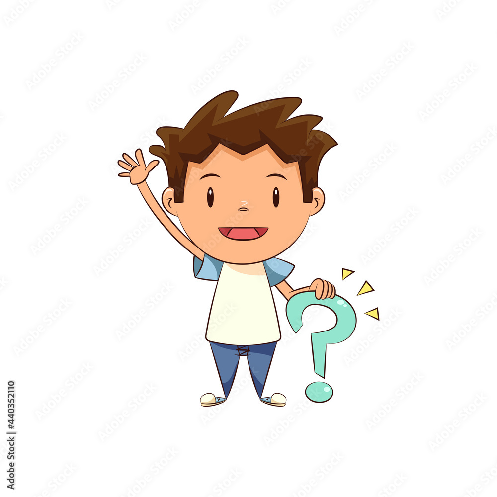 Child asking, happy cute kid raising hand holding question mark Stock ...