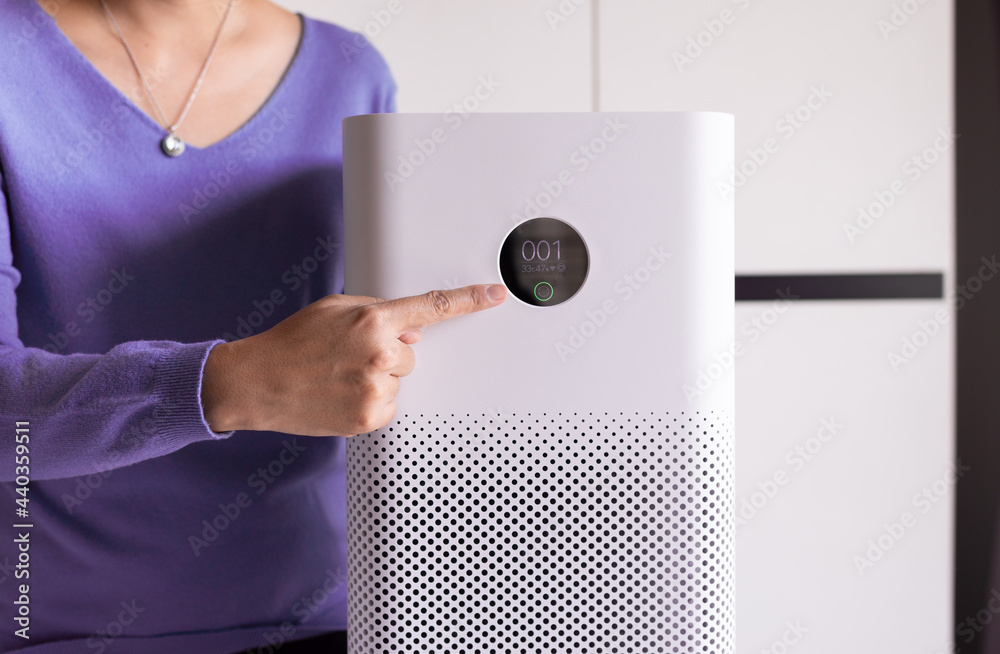 Woman hands pointing to screen of white modern air purifier in a living ...