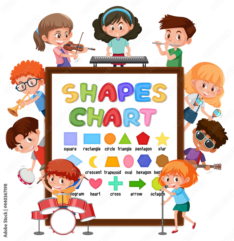 Shapes chart board with many kids doing different activities Stock ...