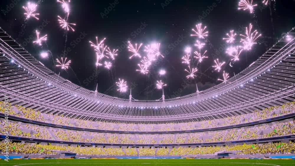 Fireworks in soccer stadium with crowd fans and waving flags ...