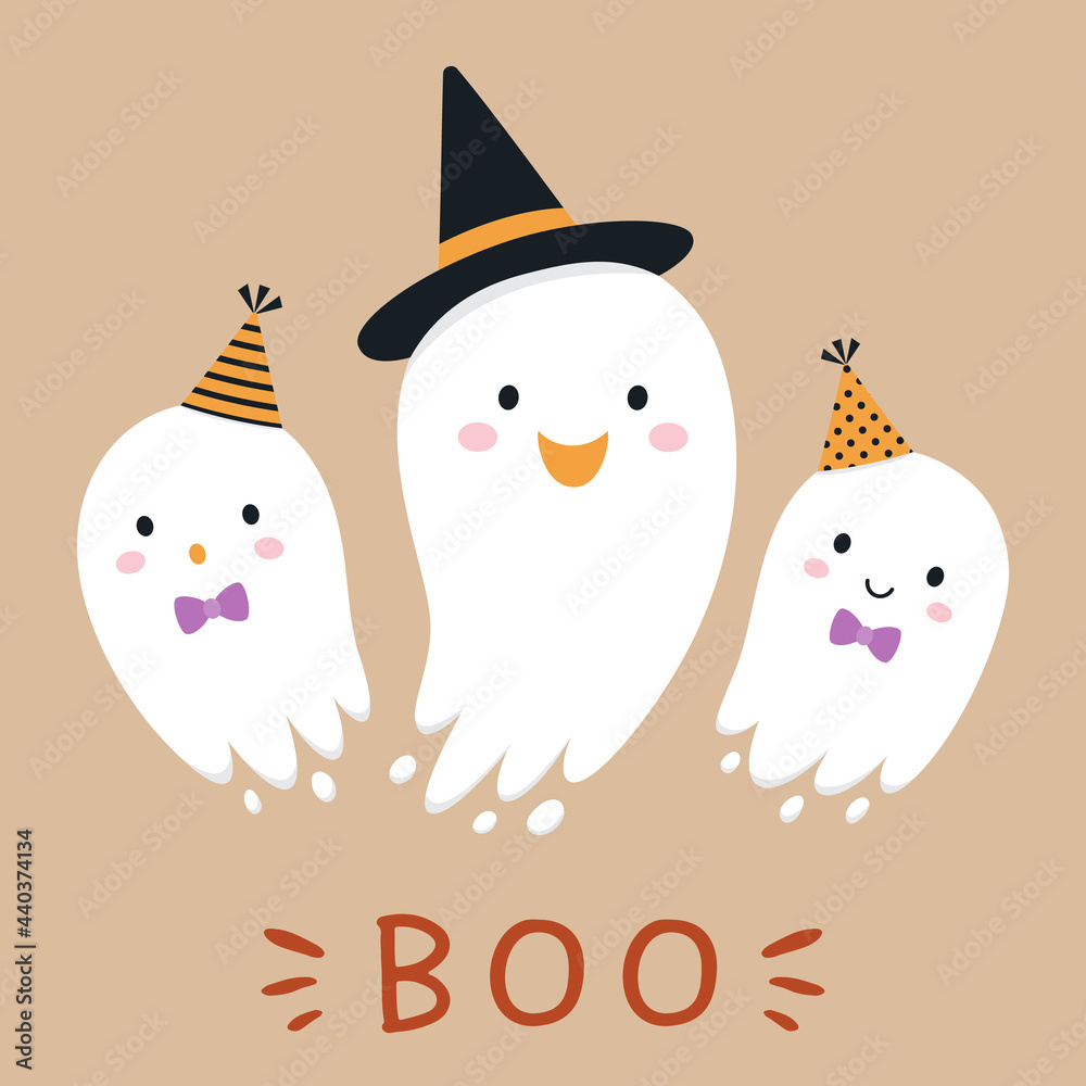 Trio of cute ghosts with Halloween witch hat and party hat. Flat ...