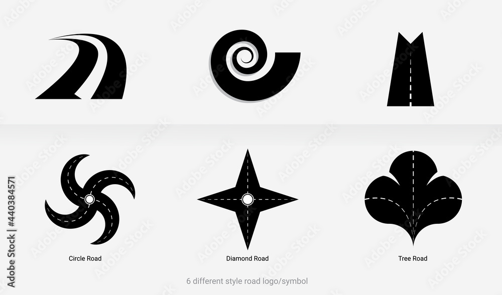 6 different style road logo-symbol Isolated black color road on white ...