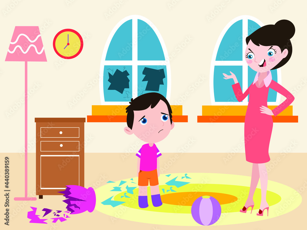 Parenthood vector concept. Young mother scolding her son for breaking vase and window while ...