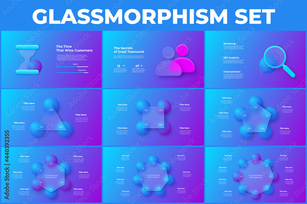 Glassmorphism infographics set. 3d geometric shapes with frosted glass ...