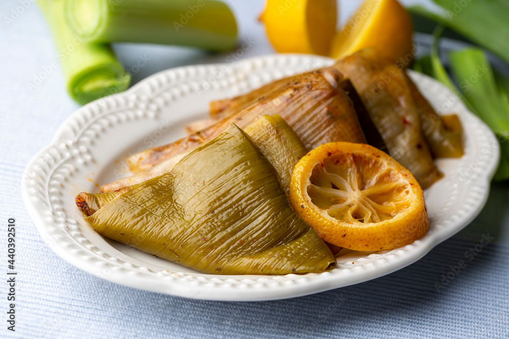 A delicious gourmet meal from traditional Turkish cuisine; Stuffed leek ...