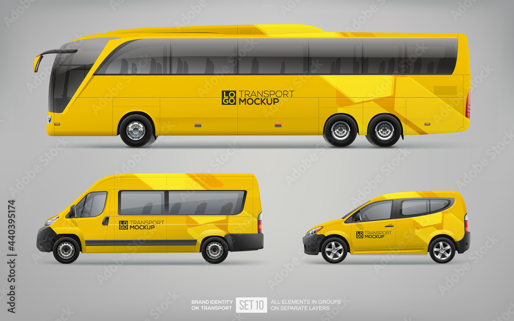 Mockup set of yellow Coach Bus, Passenger Van and service Car isolated ...