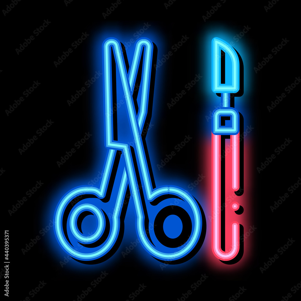 surgical scalpel and scissors neon light sign vector. Glowing bright ...