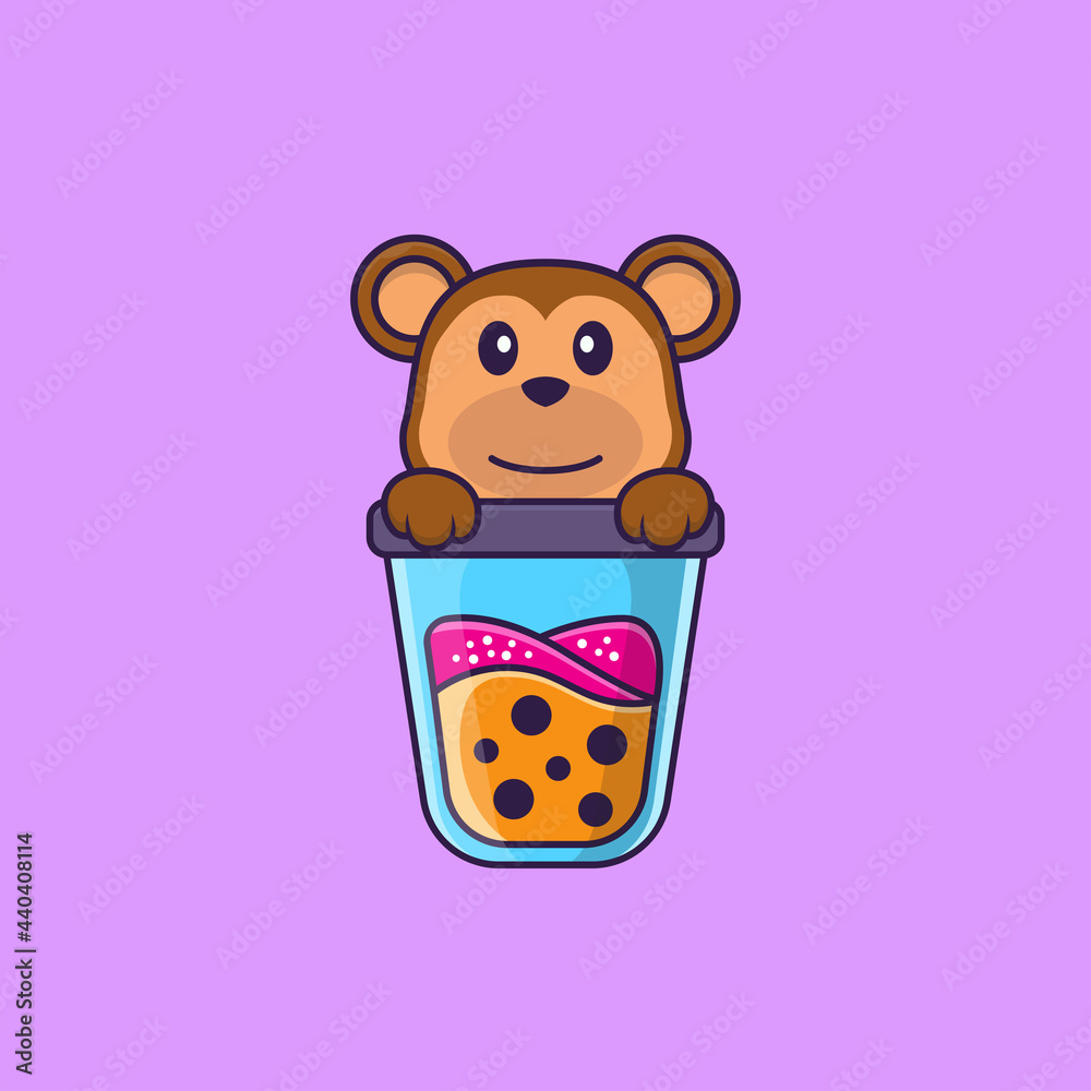 Cute monkey Drinking Boba milk tea. Animal cartoon concept isolated ...