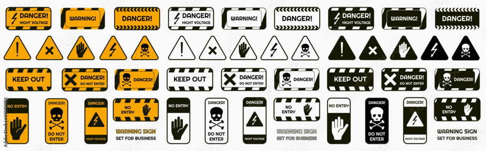 Signs warning of the danger - fire, high voltage, toxic, temperature ...