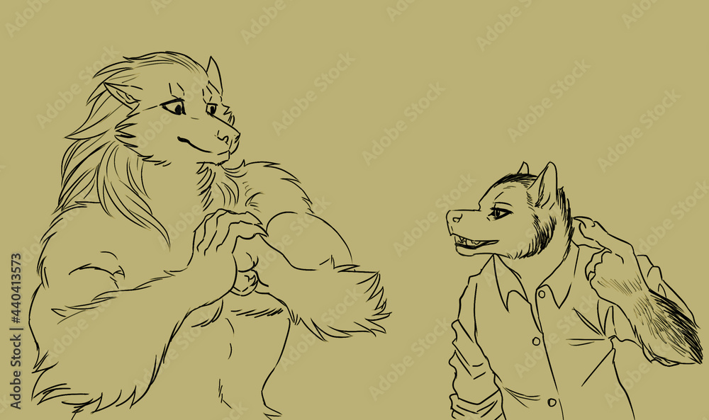 Digital illustration of a big werewolf looking at a smaller werewolf ...