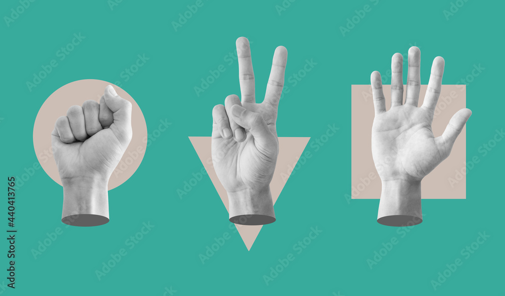 Digital collage modern art. Rock, Scissor and paper hand sign, with ...