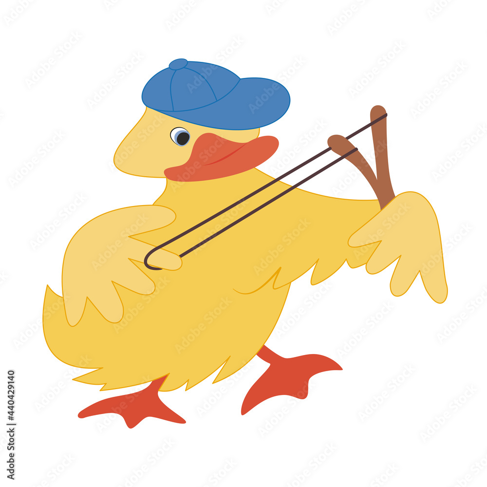 Sigle funny duckling in a cap with a slingshot. Happy playful yellow ...