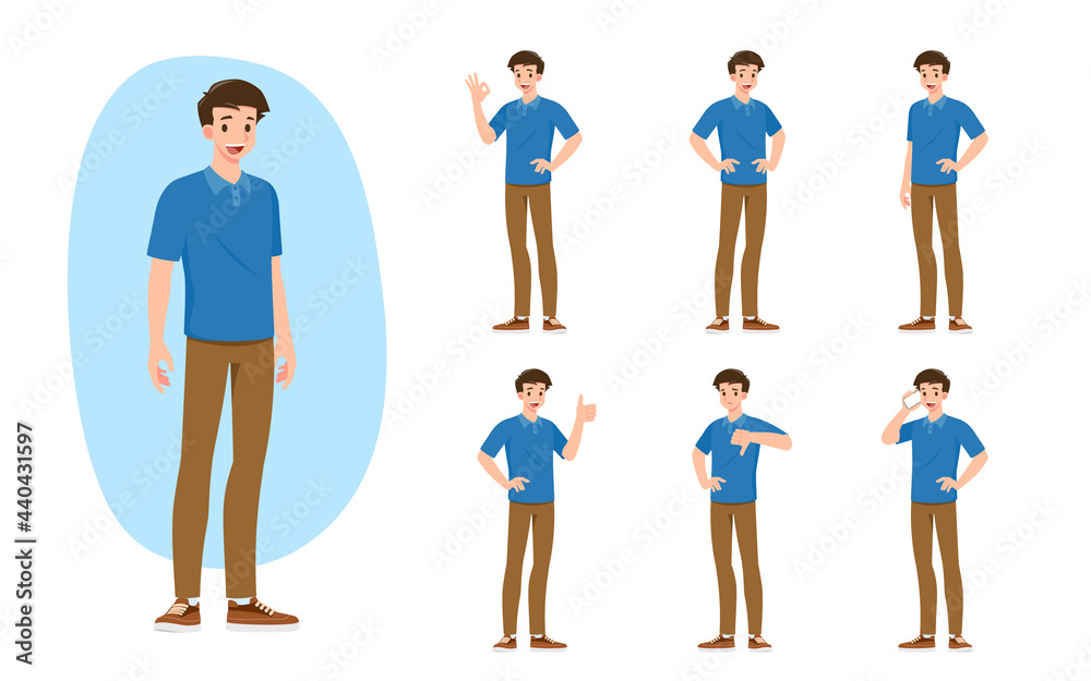 Flat design concept of man with different poses, presenting process ...