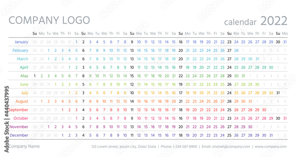 2022 calendar. Linear planner template. Vector. Week starts Sunday ...