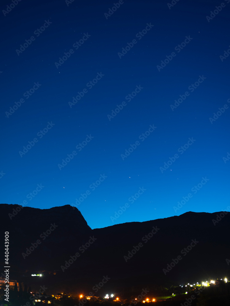 dark blue starry sky with mountain landscape. dark mountains. blue ...
