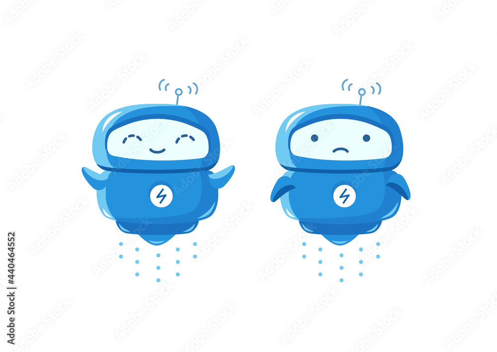 Little flying Robot mascot character. Good luck and bad luck. Joyful ...