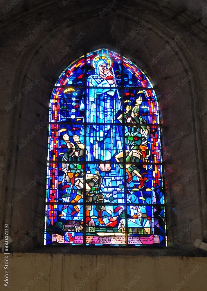 Stained glass window with paratroopers from church in Sainte-Mère ...
