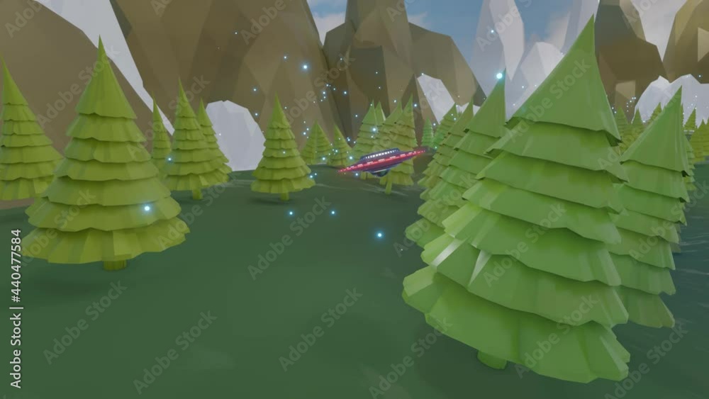 3D model of an unidentified flying object flying through trees in a low ...
