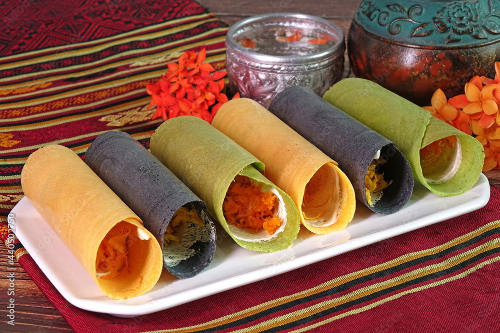 Thai crispy pancake or Khanom Buang : Colorful Thai crispy filled ...