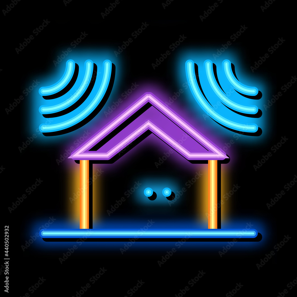 sound acting on residential building neon light sign vector. Glowing ...