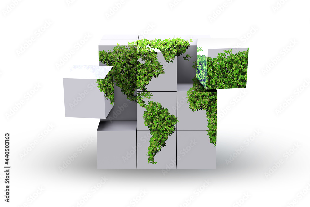 World map on the cube in green environment concept - 3d renderin Stock ...